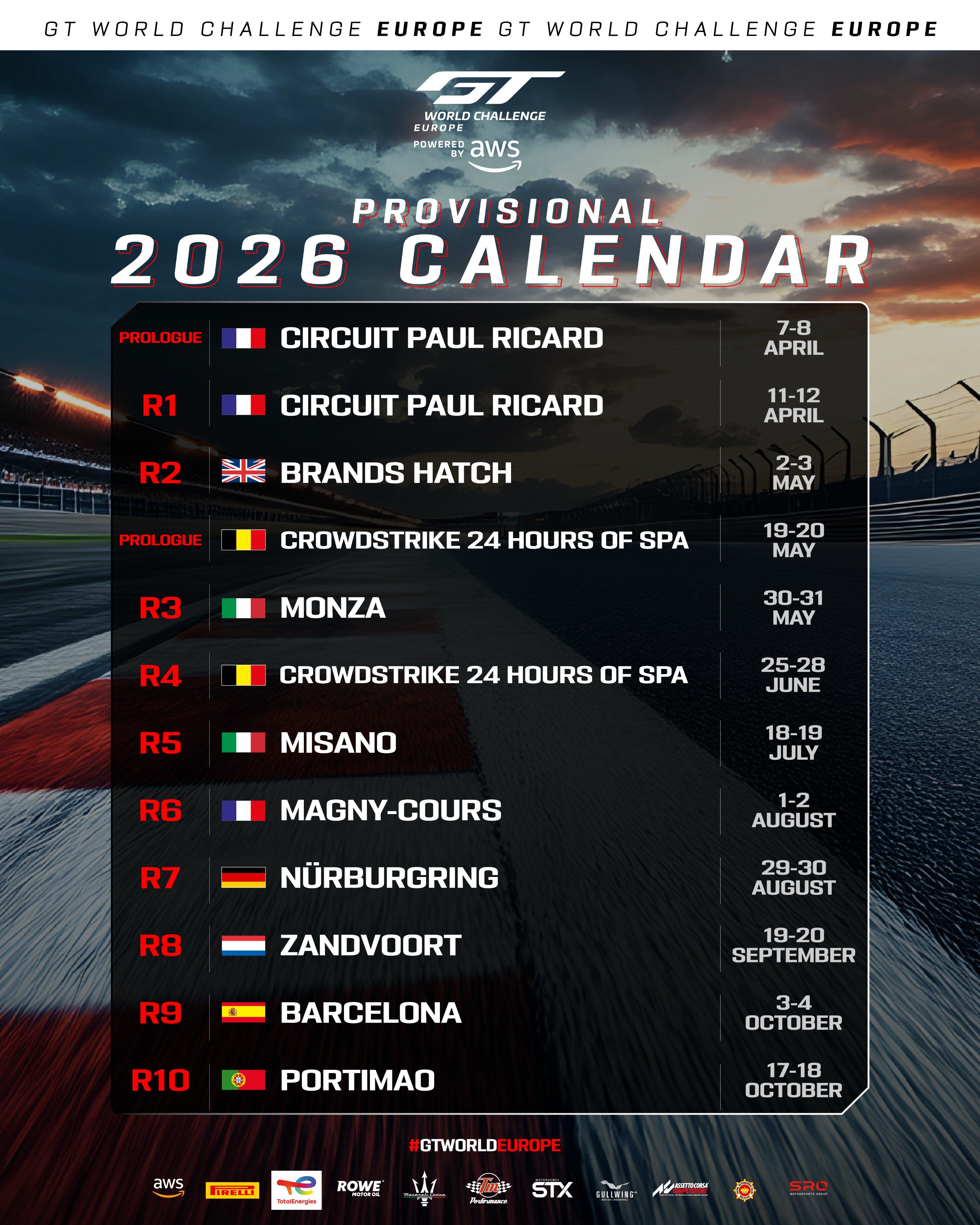 2026 GT World Challenge Europe – Provisional Race Calendar Overview ...