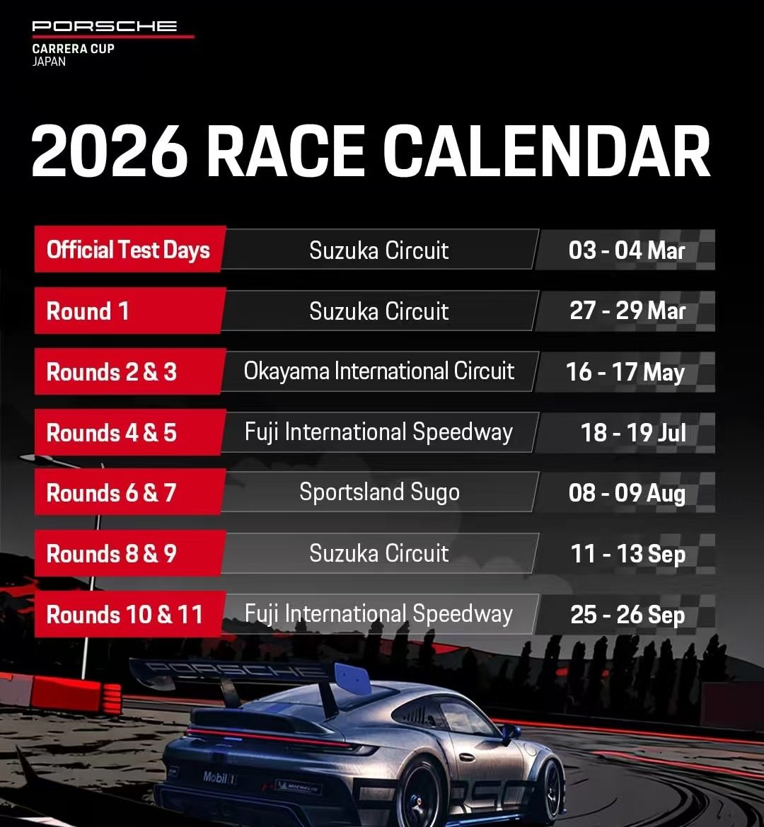 Porsche Carrera Cup Japan 2026 Tävlingskalender | 51GT3 Databas